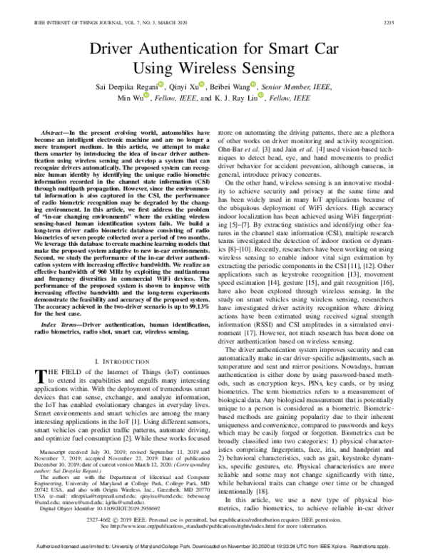 (PDF) Driver Authentication for Smart Car Using Wireless Sensing