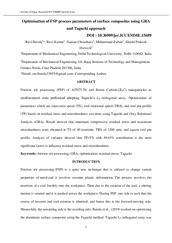 (PDF) FSP Parameter Optimization Using GRA and Taguchi