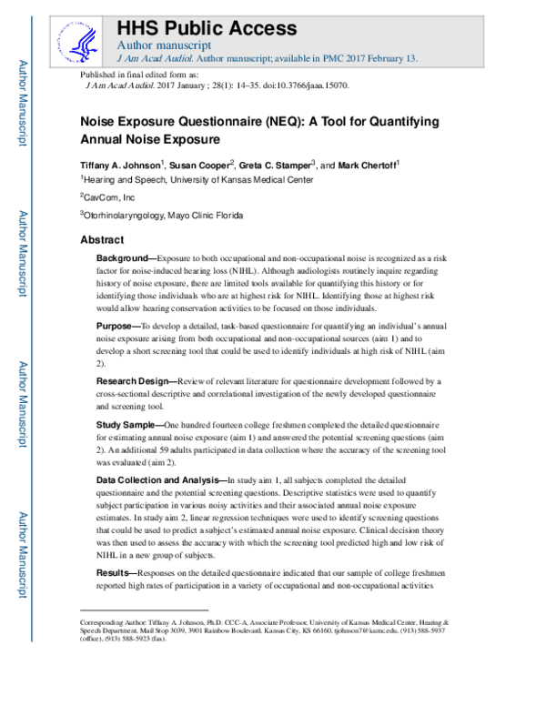 (PDF) Noise Exposure Questionnaire: A Tool for Quantifying Annual Noise ...