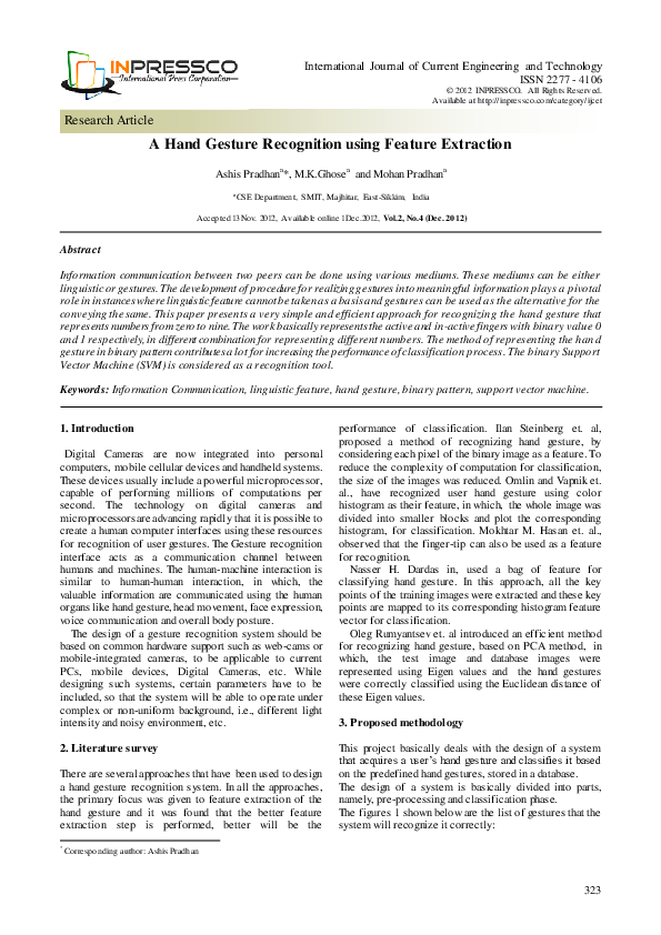 Pdf A Hand Gesture Recognition Using Feature Extraction