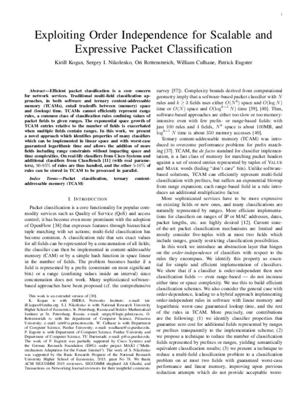 (PDF) Exploiting Order Independence for Scalable and Expressive Packet Classification