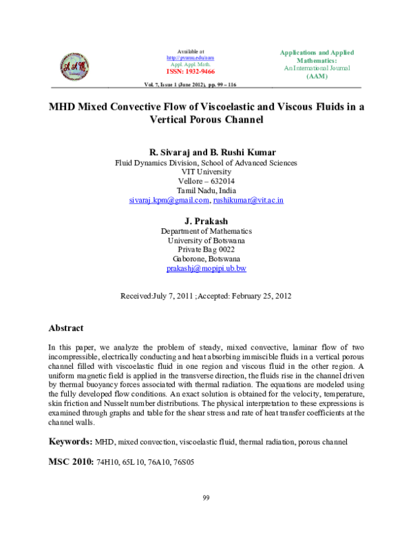 (PDF) MHD Mixed Convective Flow of Viscoelastic and Viscous Fluids in a Vertical Porous Channel