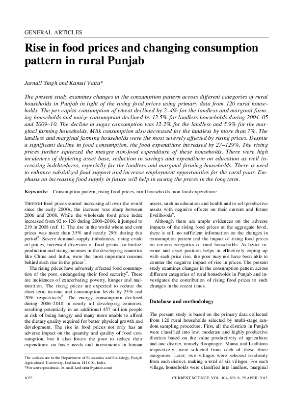 (PDF) Rise in food prices and changing consumption pattern in rural Punjab