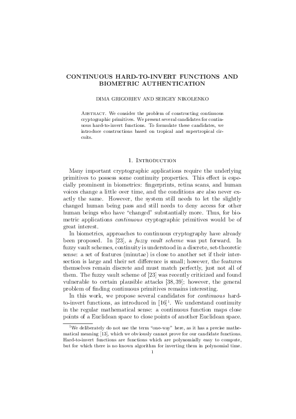 (PDF) Continuous Hard-To-Invert Functions and Biometric Authentication