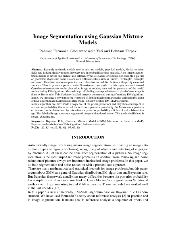 (PDF) Image Segmentation using Gaussian Mixture Models