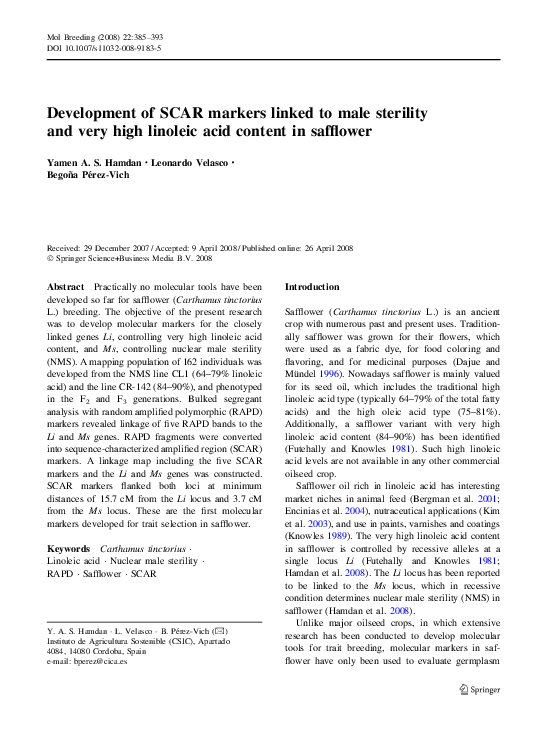 (PDF) Development of SCAR markers linked to male sterility and very ...