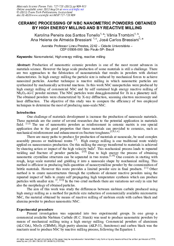(PDF) Ceramic Processing of NBC Nanometric Powders Obtained by High ...