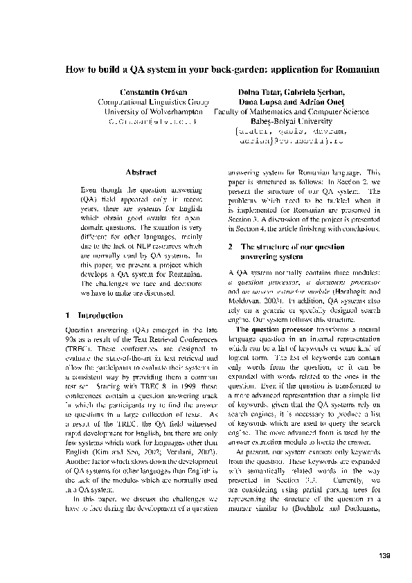 Pdf How To Build A Qa System In Your Back Garden Application For Romanian