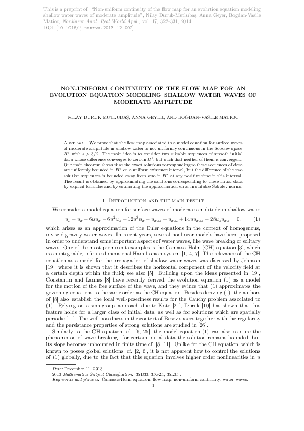 (PDF) Non-Uniform Continuity of the Flow Map for an Evolution Equation ...