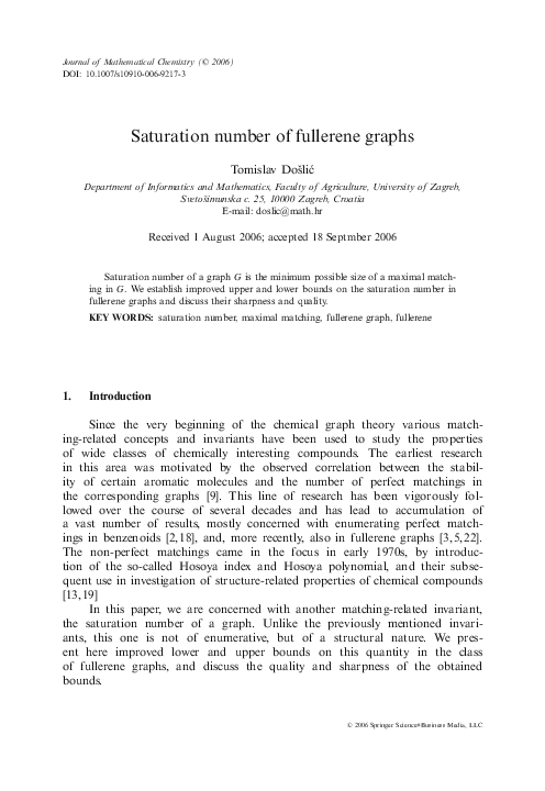 (PDF) Saturation number of fullerene graphs