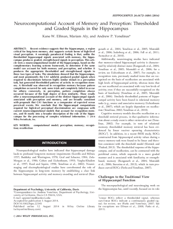 Pdf Neurocomputational Account Of Memory And Perception Thresholded And Graded Signals In The