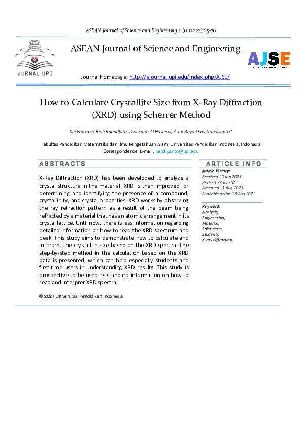 (PDF) How to Calculate Crystallite Size from X-Ray Diffraction (XRD) using Scherrer Method