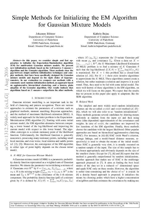 (PDF) Simple Methods for Initializing the EM Algorithm for Gaussian ...