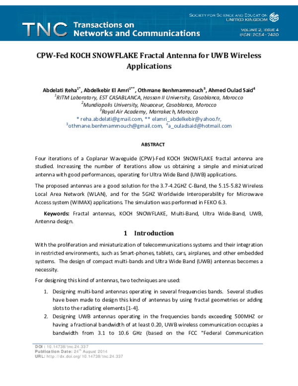 (PDF) CPW-Fed KOCH SNOWFLAKE Fractal Antenna for UWB Wireless Applications