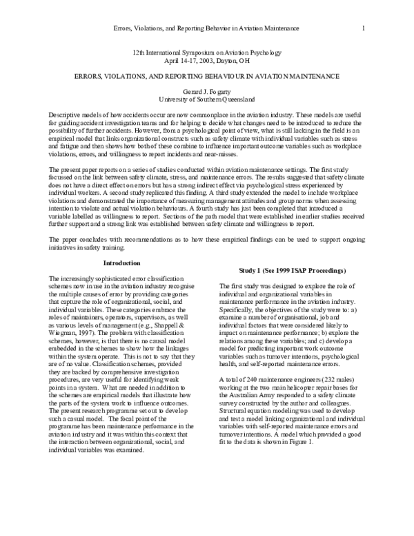 (PDF) Errors, violations, and reporting behaviour in aviation maintenance