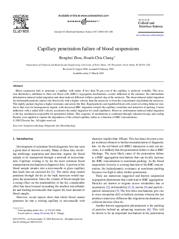 (PDF) Capillary penetration failure of blood suspensions | Hsueh-Chia ...
