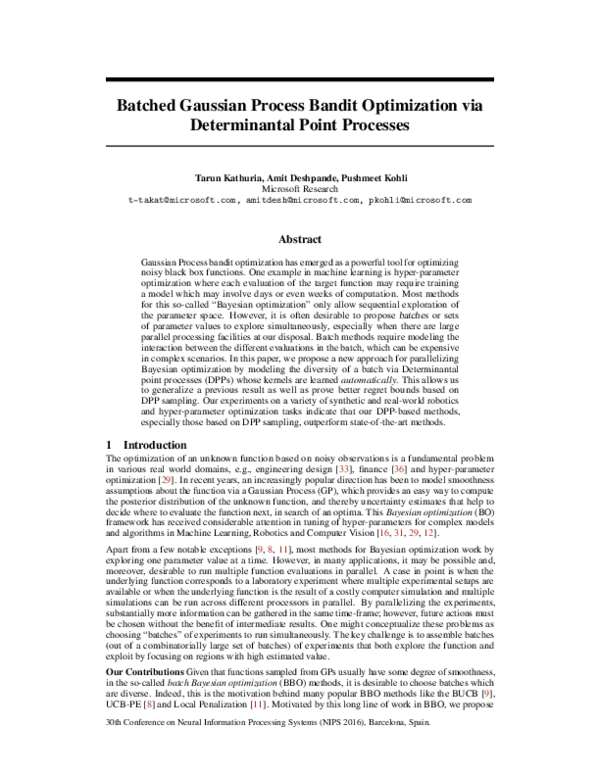 (PDF) Batched Gaussian Process Bandit Optimization via Determinantal Point Processes