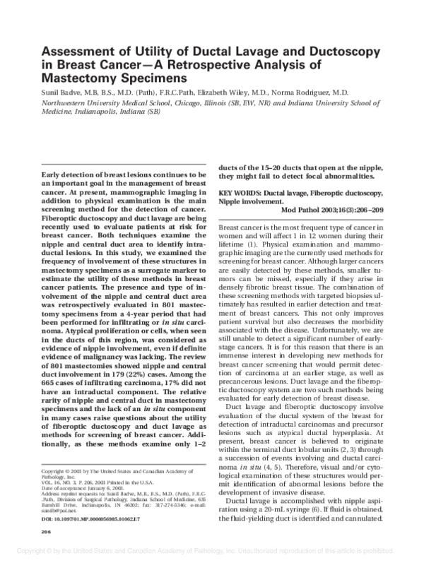 (PDF) Assessment of utility of ductal lavage and ductoscopy in breast ...