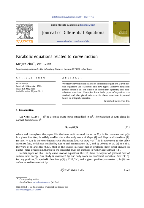 (PDF) Parabolic equations related to curve motion