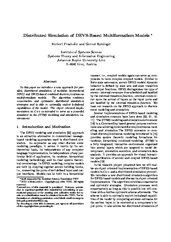 Pdf Distributed Simulation Of Devs Based Multiformalism Models