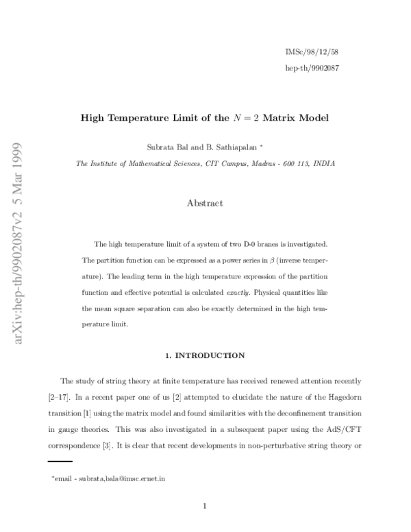 (PDF) IMSc/98/12/58 hep-th/9902087 High Temperature Limit of the N = 2 ...