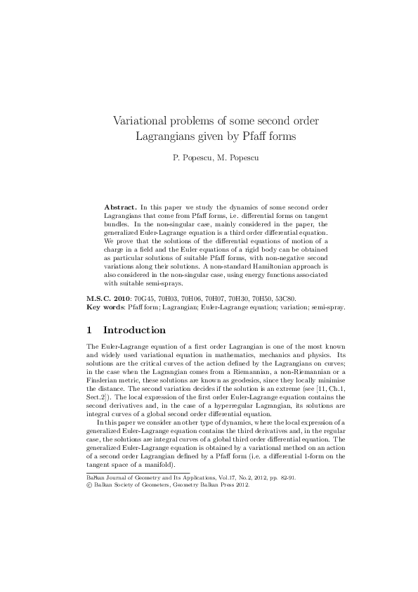 (PDF) Variational problems of some second order Lagrangians given by Pfaff forms