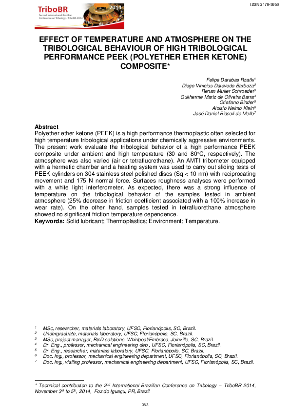 (PDF) Effect of temperature and atmosphere on the tribological behavior of a polyether ether ...