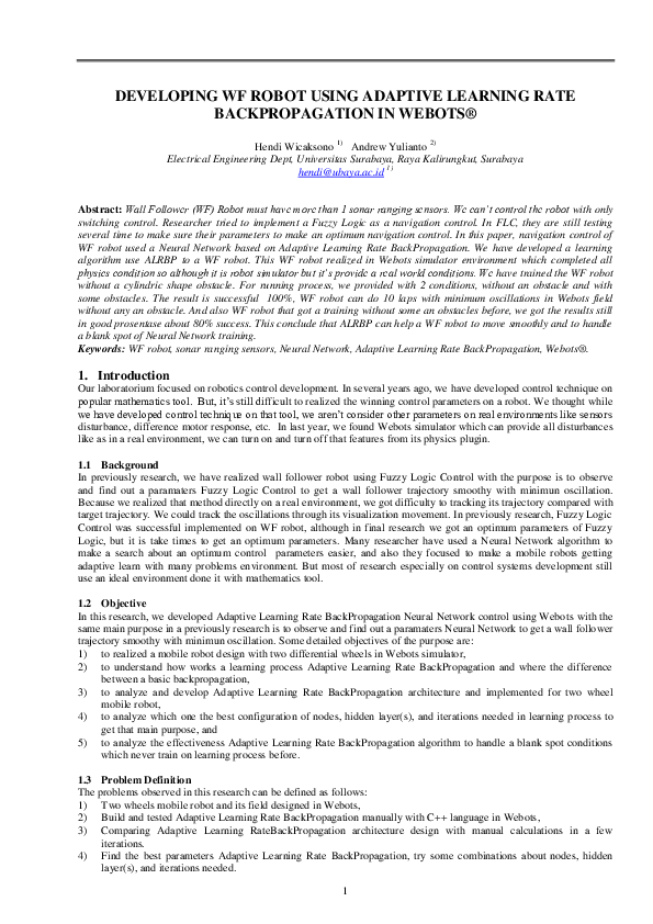 (PDF) Developing WF Robot Using Adaptive Learning Rate Backpropagation in Webots®