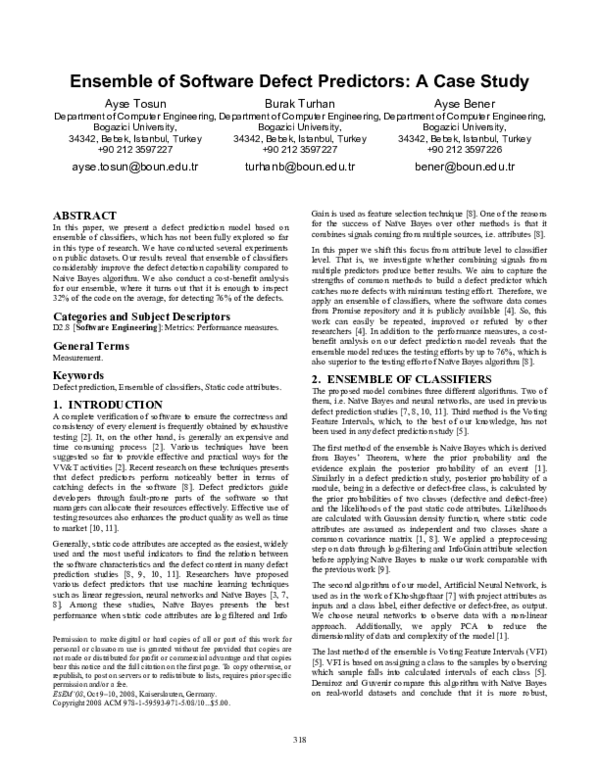 (PDF) Ensemble of software defect predictors: A case study