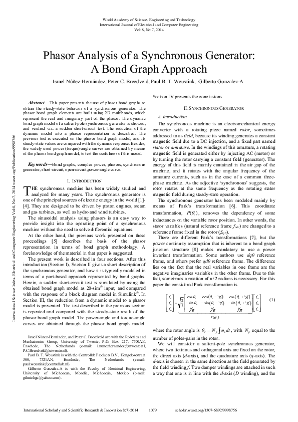 (PDF) Phasor Analysis Of A Synchronous Generator: A Bond Graph Approach