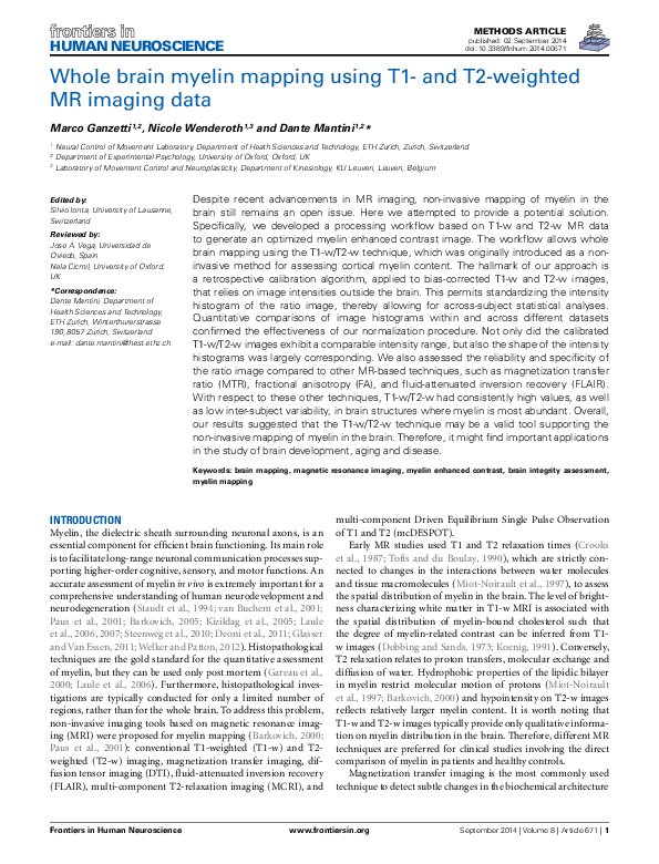 (PDF) Whole brain myelin mapping using T1- and T2-weighted MR imaging data | Dante Mantini ...
