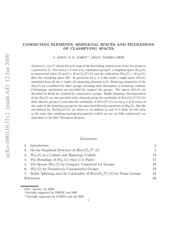 (PDF) Commuting elements, simplicial spaces, and filtrations of classifying spaces | Adem Adem ...