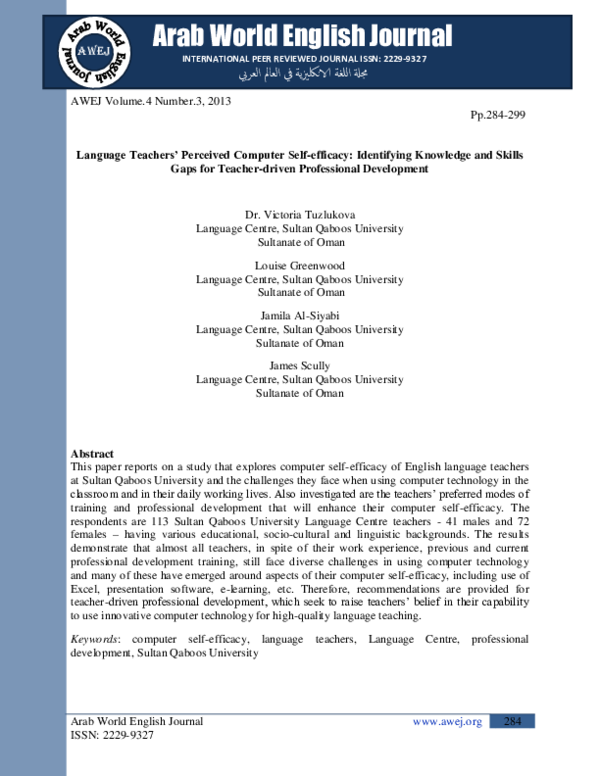 (PDF) Language Teachers’ Perceived Computer Self-efficacy: Identifying Knowledge and Skills Gaps ...