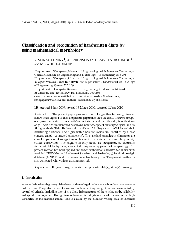 (PDF) Classification and recognition of handwritten digits by using mathematical morphology