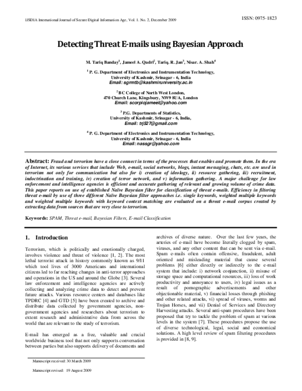 (PDF) Detecting Threat E-mails using Bayesian Approach