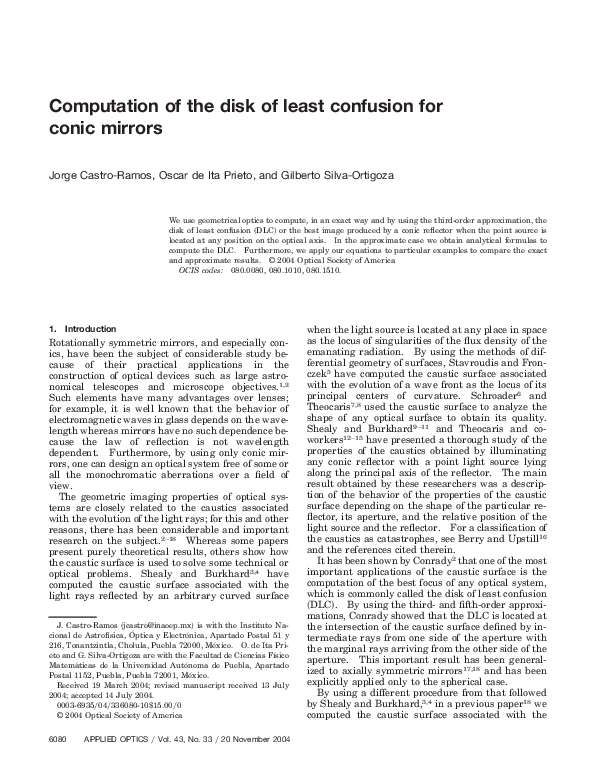 (PDF) Computation of the Disk of Least Confusion for Conic Mirrors