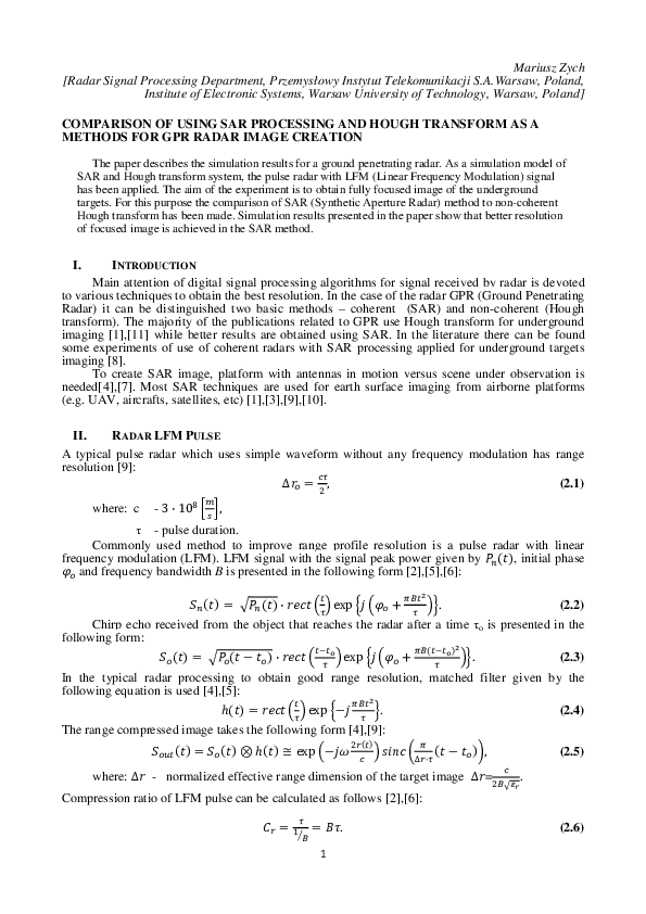 (PDF) Comparison of Using Sar Processing and Hough Transform as a Methods for GPR Radar Image ...