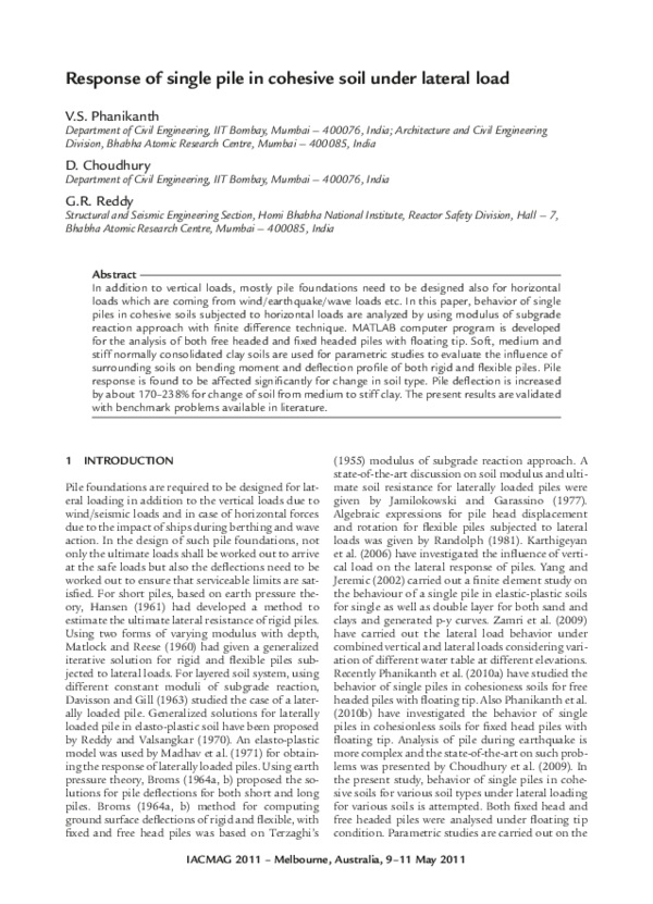 (PDF) Response of single pile in cohesive soil under lateral load