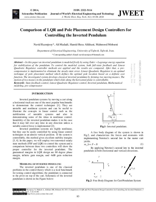 (PDF) Comparison of LQR and Pole Placement Design Controllers for Controlling the Inverted Pendulum