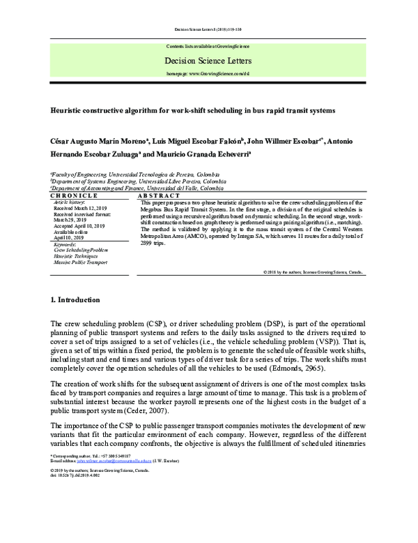 Pdf Heuristic Constructive Algorithm For Work Shift Scheduling In Bus Rapid Transit Systems