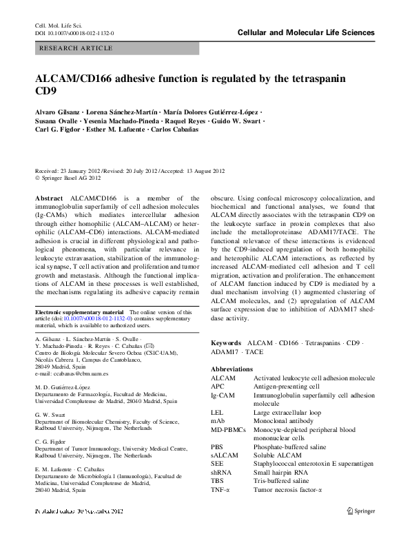 (PDF) ALCAM/CD166 adhesive function is regulated by the tetraspanin CD9