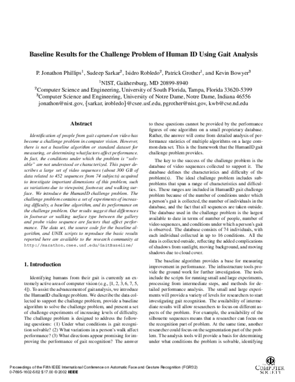 (PDF) Baseline Results for the Challenge Problem of Human ID Using Gait Analysis