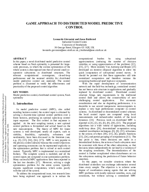 Pdf Game Approach To Distributed Model Predictive Control