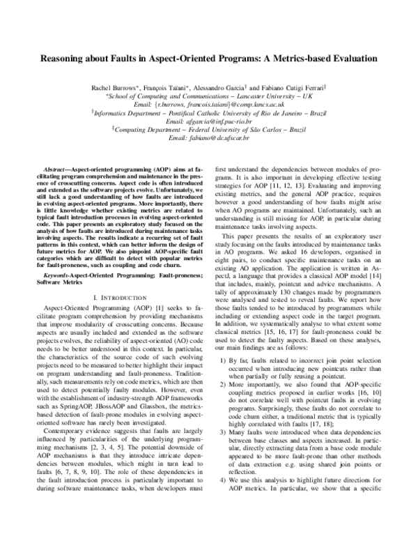 Pdf Reasoning About Faults In Aspect Oriented Programs A Metrics Based Evaluation