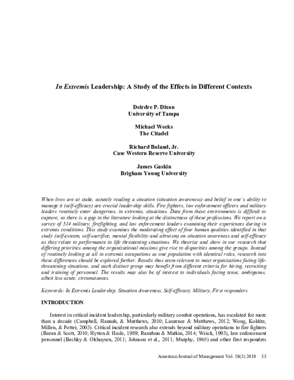 (pdf) In Extremis Leadership: A Study Of The Effects In Different Contexts