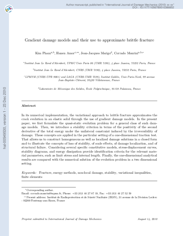 (PDF) Gradient damage models and their use to approximate brittle fracture