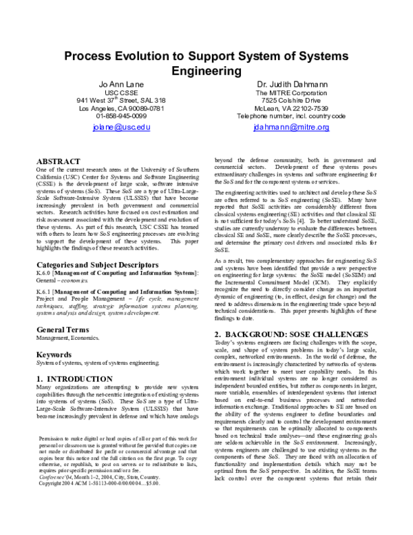 (PDF) Process evolution to support system of systems engineering