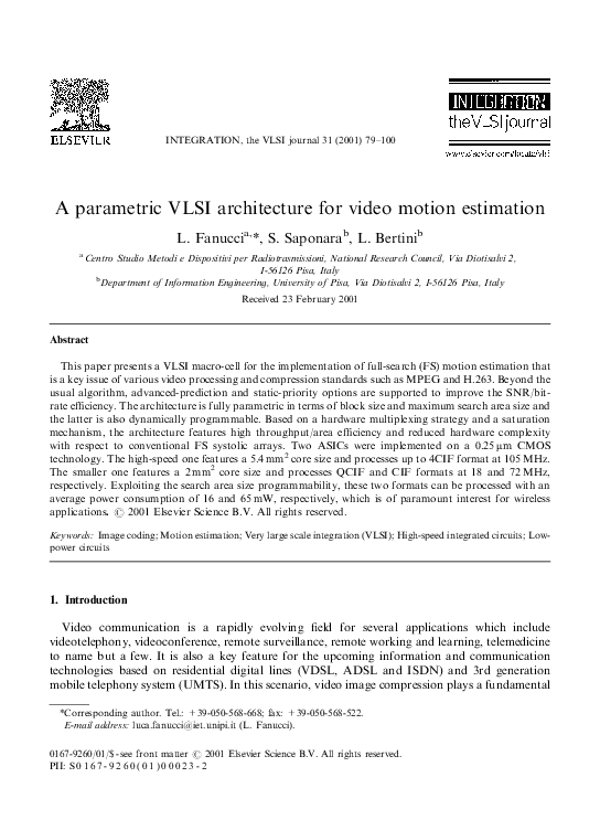 (PDF) A parametric VLSI architecture for video motion estimation | Lorenzo Bertini - Academia.edu