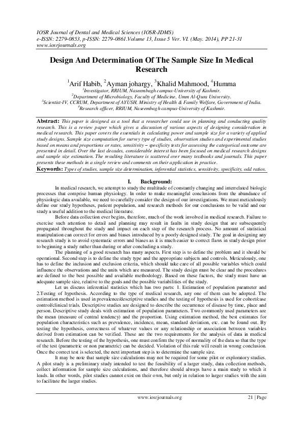 (PDF) Design And Determination Of The Sample Size In Medical Research