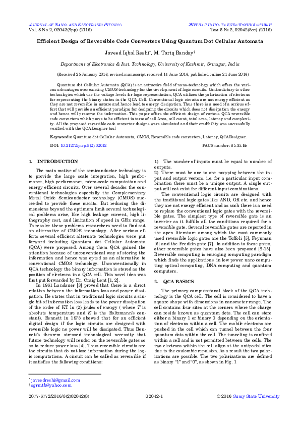 Pdf Efficient Design Of Reversible Code Converters Using Quantum Dot Cellular Automata